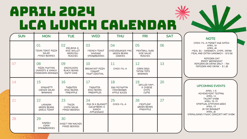 Monthly Lunch Calendar | Life Christian Academy